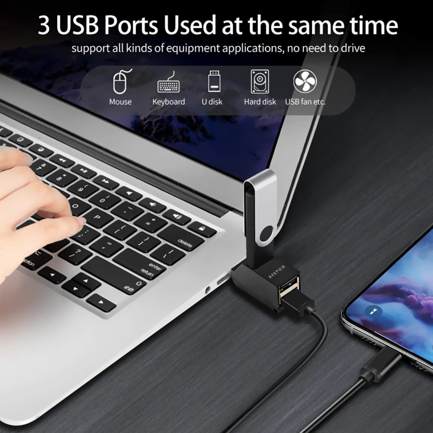Bestor 3-Port USB Hub | Type C & USB A Ports for Seamless Connectivity